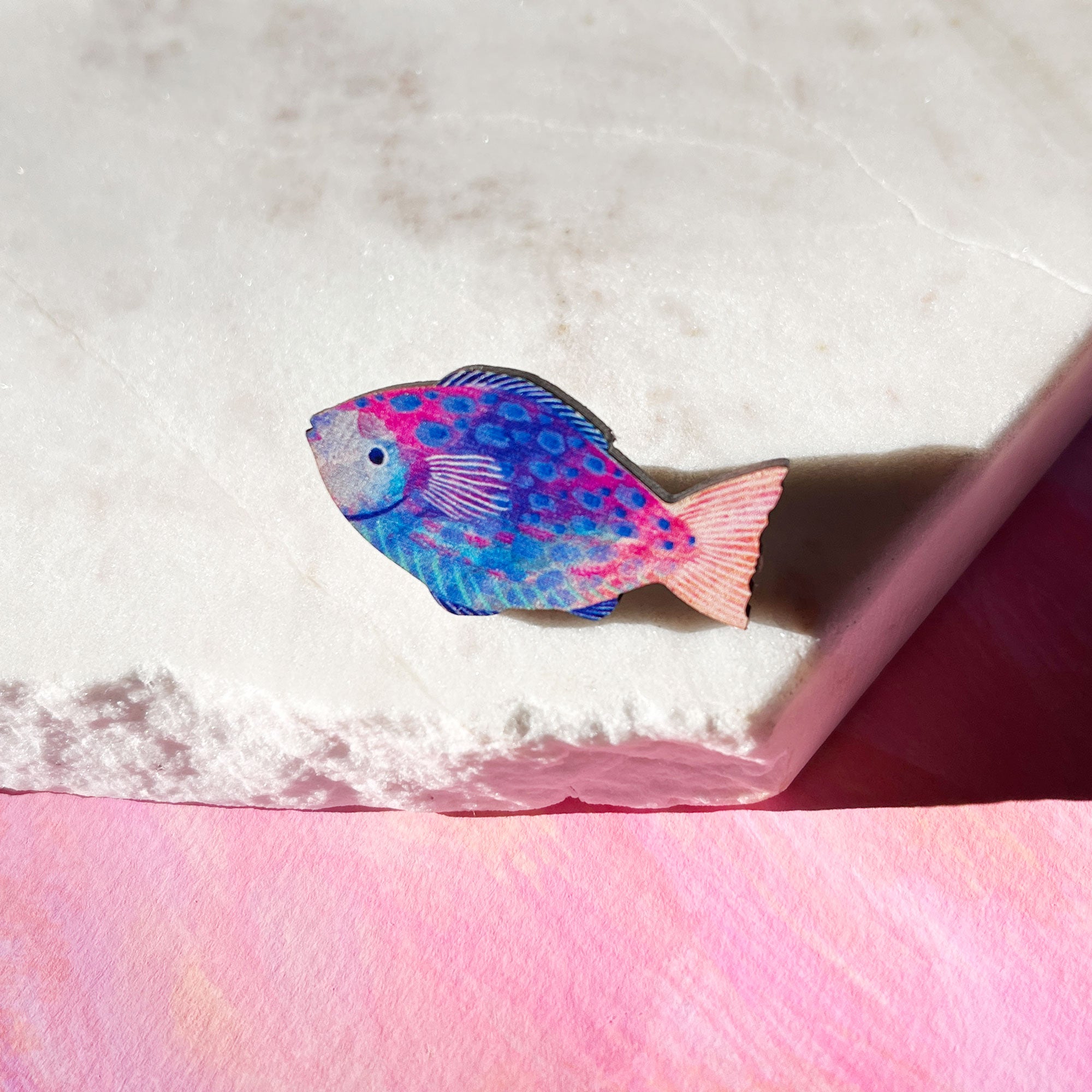 Blue Fish Wooden Pin Badge