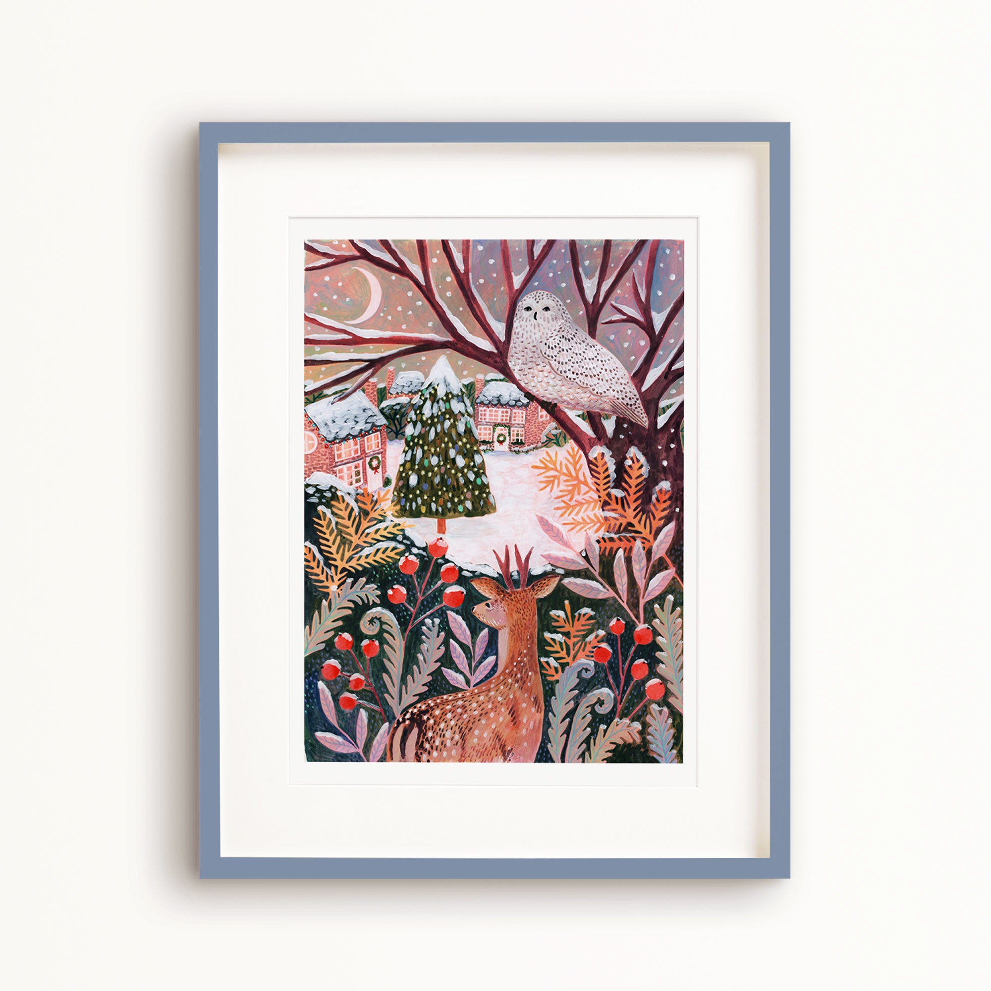 Deer and Snowy Owl Winter Landscape Art Print