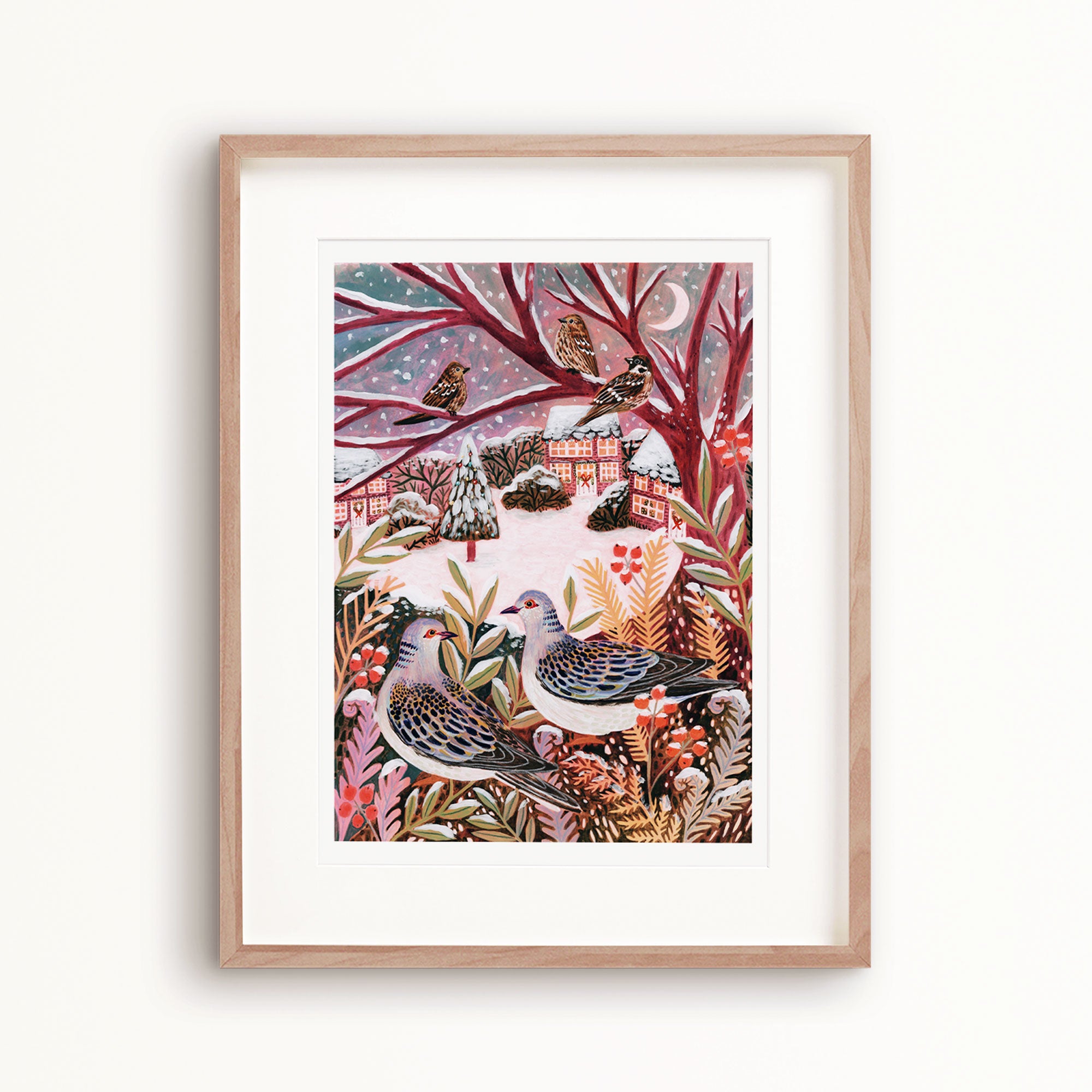 Turtle Doves Winter Landscape Art Print
